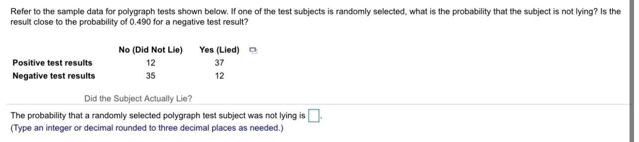Solved Refer to the sample data for polygraph tests shown | Chegg.com