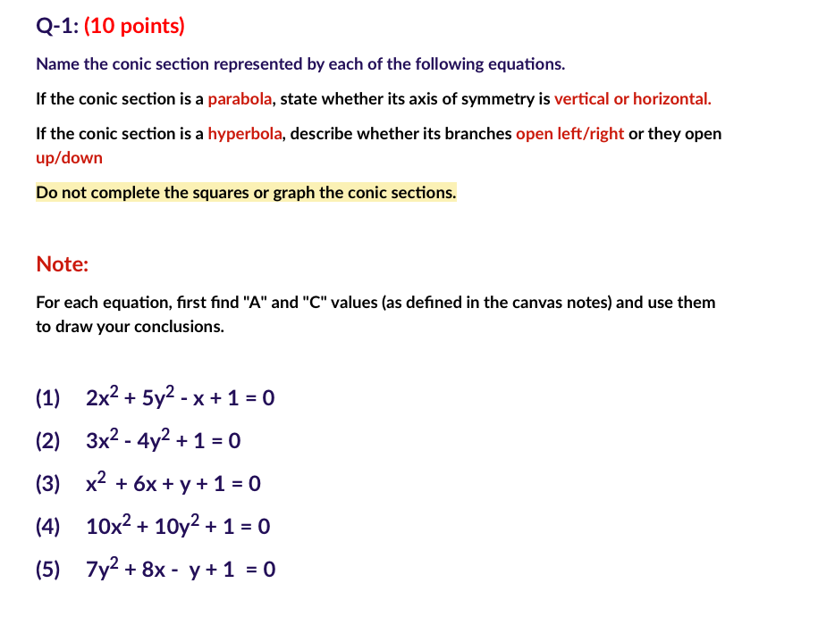 Solved Q-1: (10 ﻿points)Name the conic section represented | Chegg.com