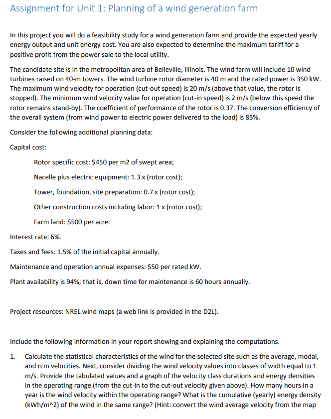 Assignment for Unit 1: Planning of a wind generation | Chegg.com
