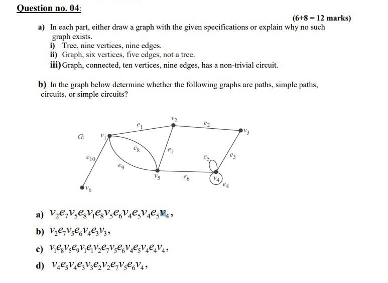 Solved Question no. 04: (6+8 = 12 marks) a) In each part, | Chegg.com