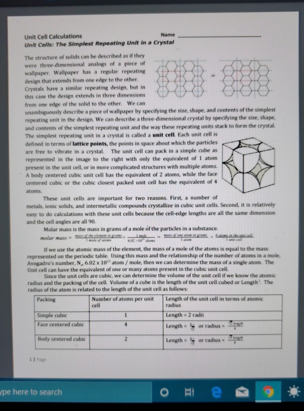 Solved: Unit Cell Calculations Name Unit Cells: The Simple... | Chegg.com