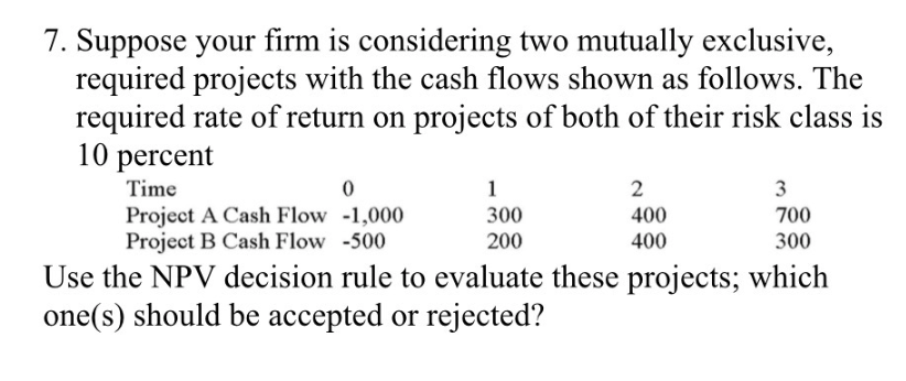Solved 7. Suppose your firm is considering two mutually | Chegg.com Solved 7. Suppose your firm is considering two mutually | Chegg.com