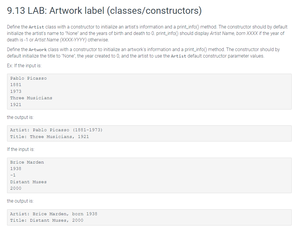 Solved 9.13 LAB: Artwork label (classes/constructors) Define | Chegg.com