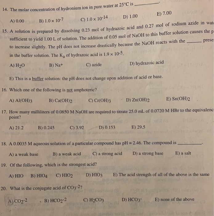 Solved 14. The molar concentration of hydronium ion in pure | Chegg.com