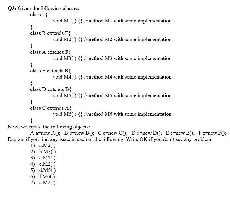Solved Q3: Given the following classes: class F{ void M1() | Chegg.com