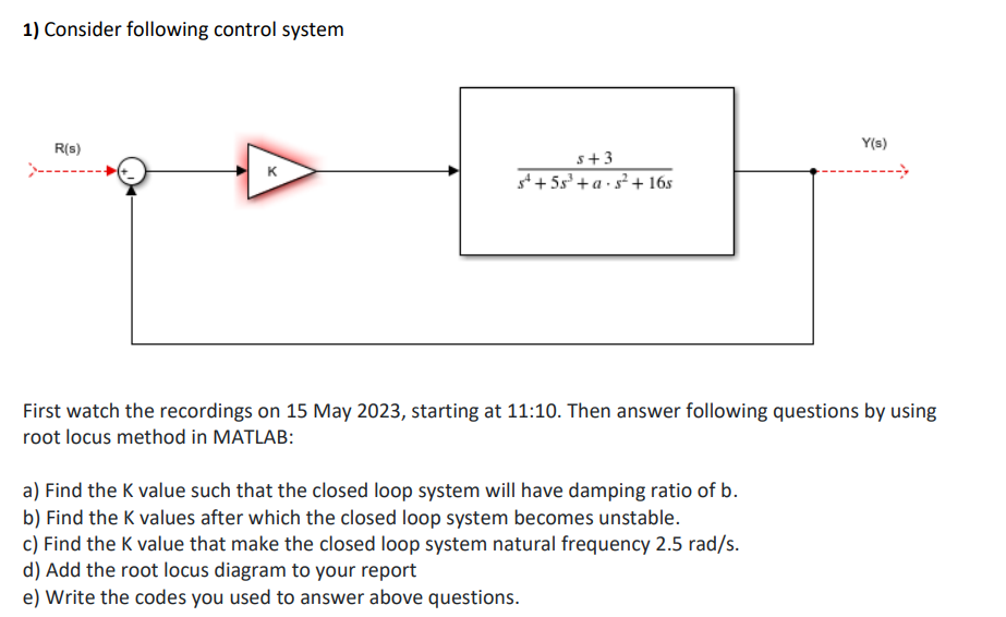 1) Consider following control system First watch the | Chegg.com