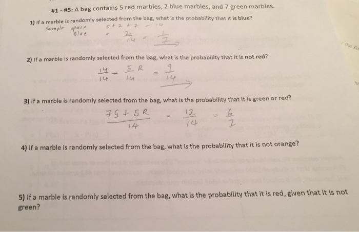 Solved #1-#5: A bag contains 5 red marbles, 2 blue marbles, | Chegg.com