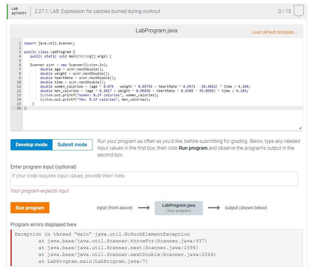 Solved LAB ACTIVITY 2.27.1: LAB: Expression for calories | Chegg.com