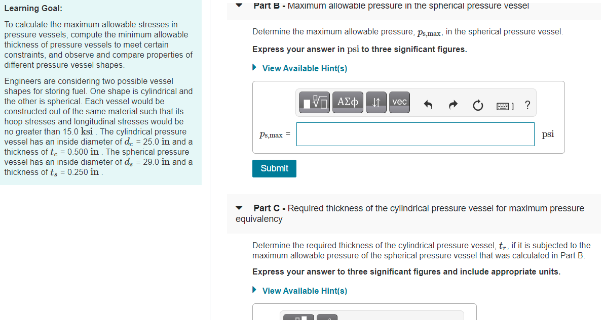 Solved Learning Goal: Part A - Maximum allowable pressure in | Chegg.com