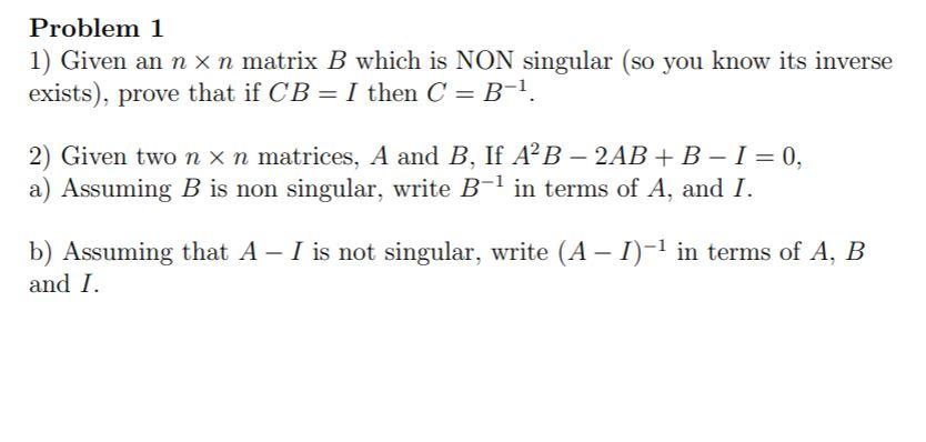 Solved Problem 1 1) Given an nxn matrix B which is NON | Chegg.com