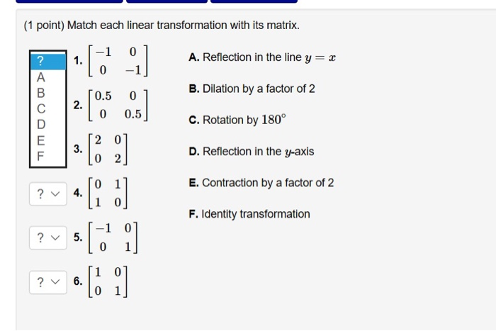 Solved (1 point) Match each linear transformation with its | Chegg.com