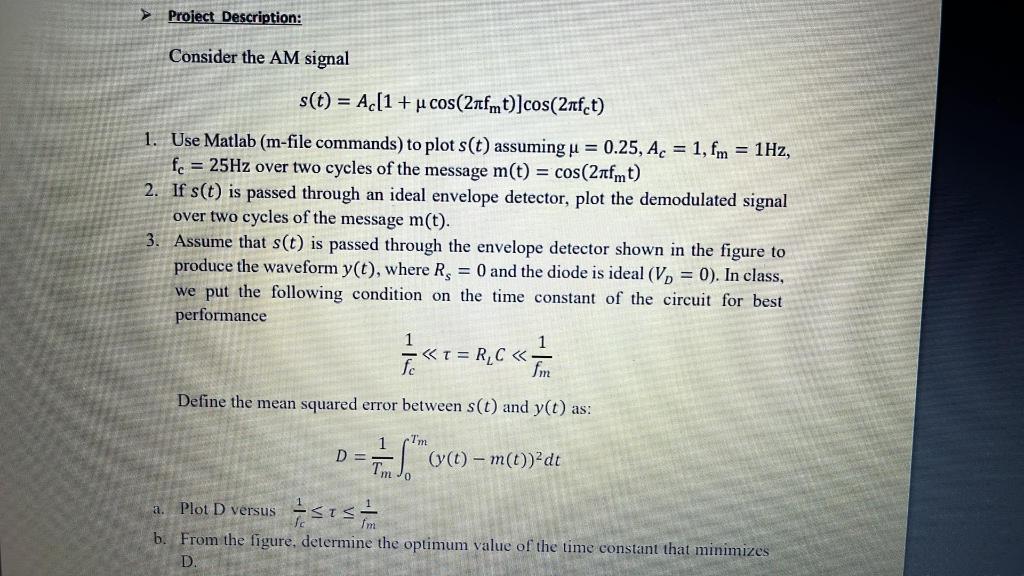 Solved Project Description: Consider the AM signal s(t) = | Chegg.com
