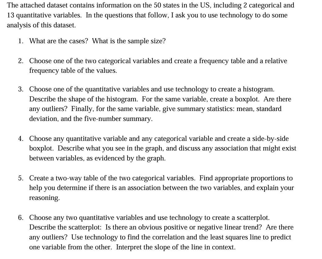 Solved The attached dataset contains information on the 50 | Chegg.com