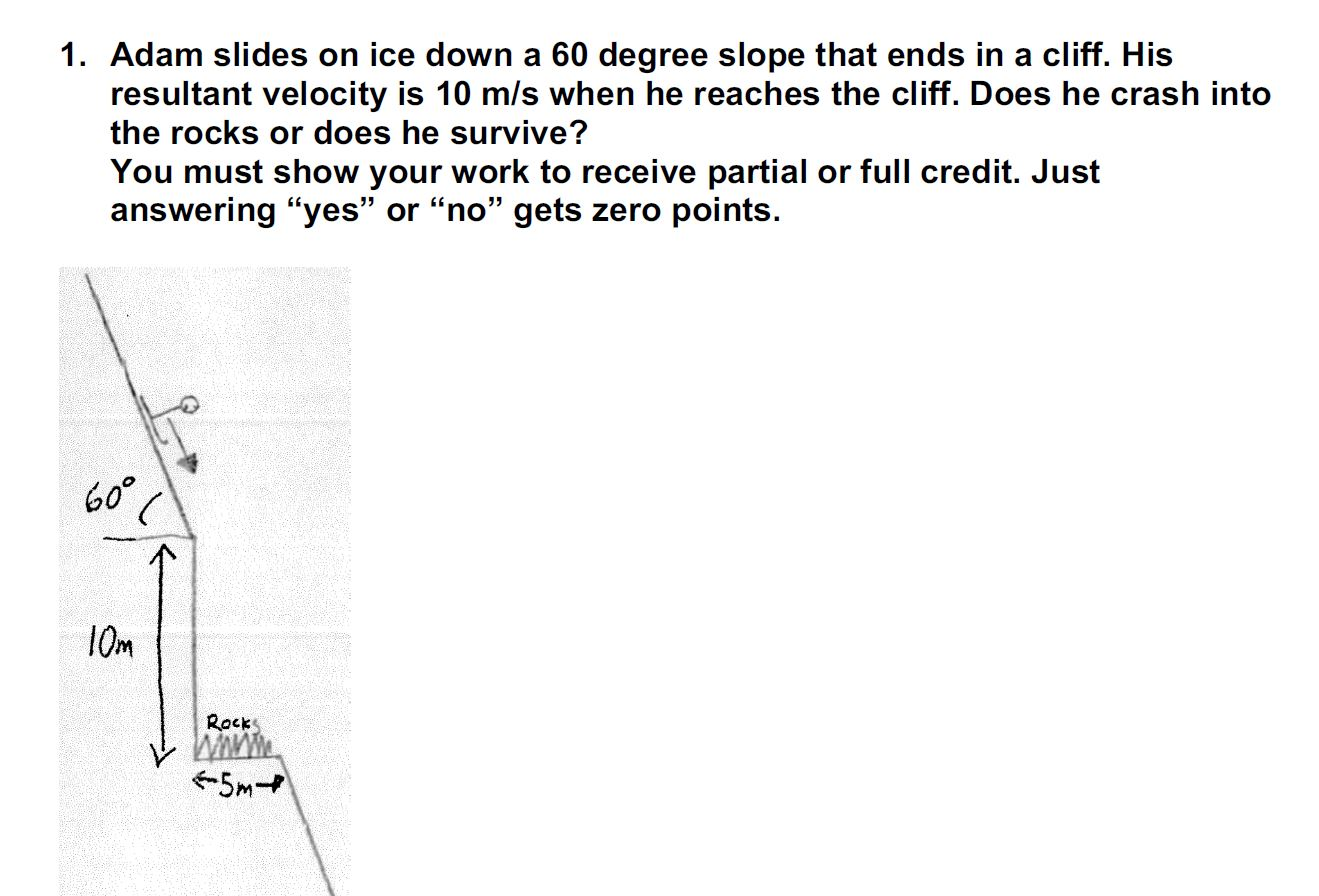 Solved 1. Adam slides on ice down a 60 degree slope that | Chegg.com
