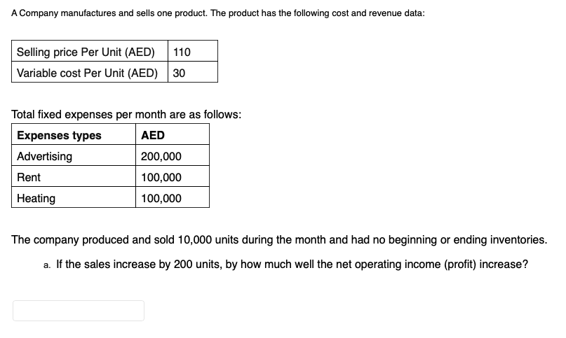 Solved A Company manufactures and sells one product. The | Chegg.com