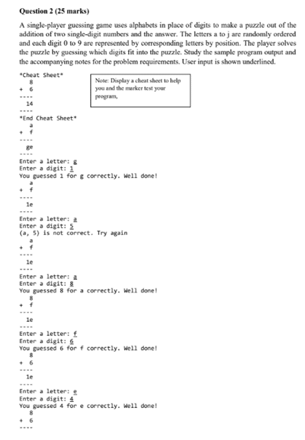 Solved Question 2 (25 marks) A single-player guessing game | Chegg.com