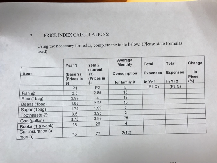 Solved PRICE INDEX CALCULATIONS : 3. Using the necessary | Chegg.com