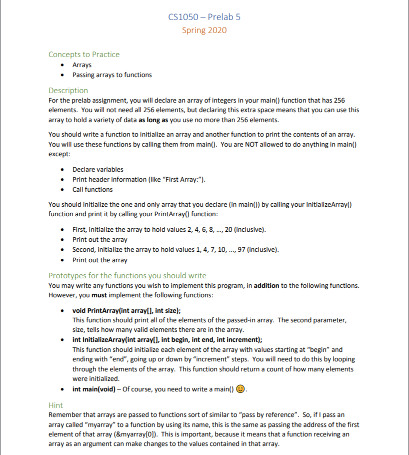 CS1050 - Prelab 5 Spring 2020 Concepts to Practice • | Chegg.com