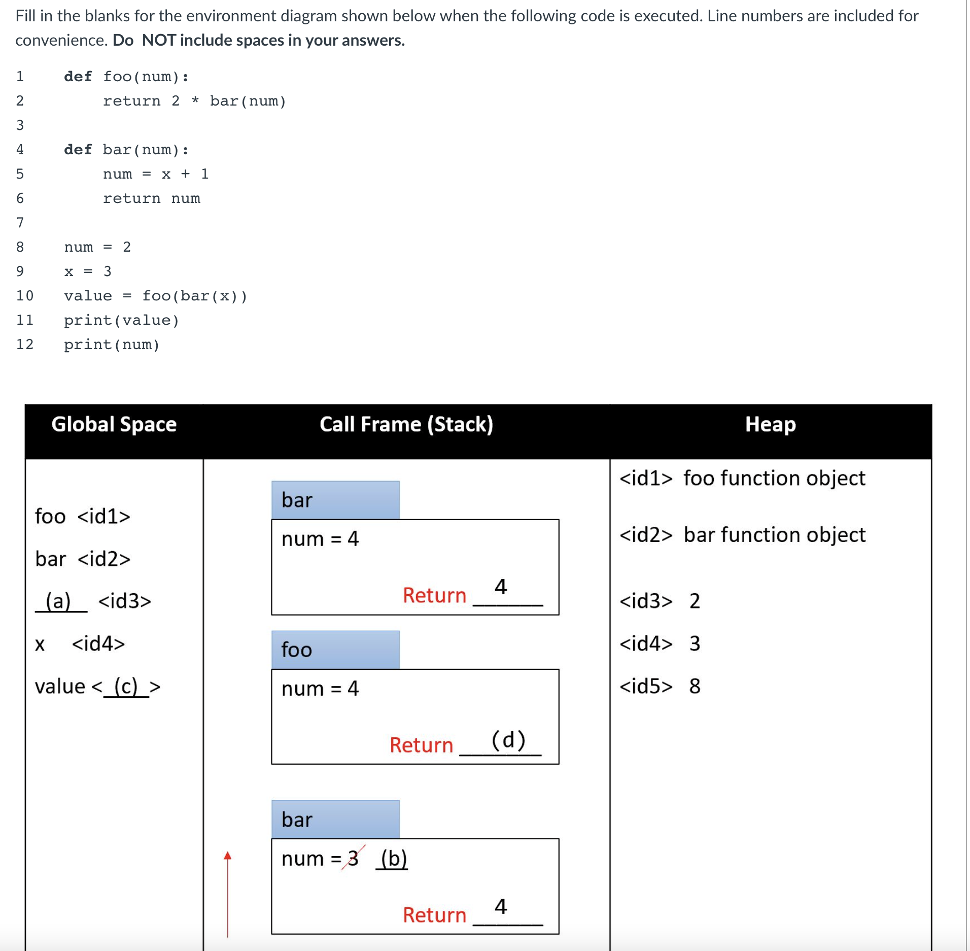 Solved Fill in the blanks for the environment diagram shown | Chegg.com
