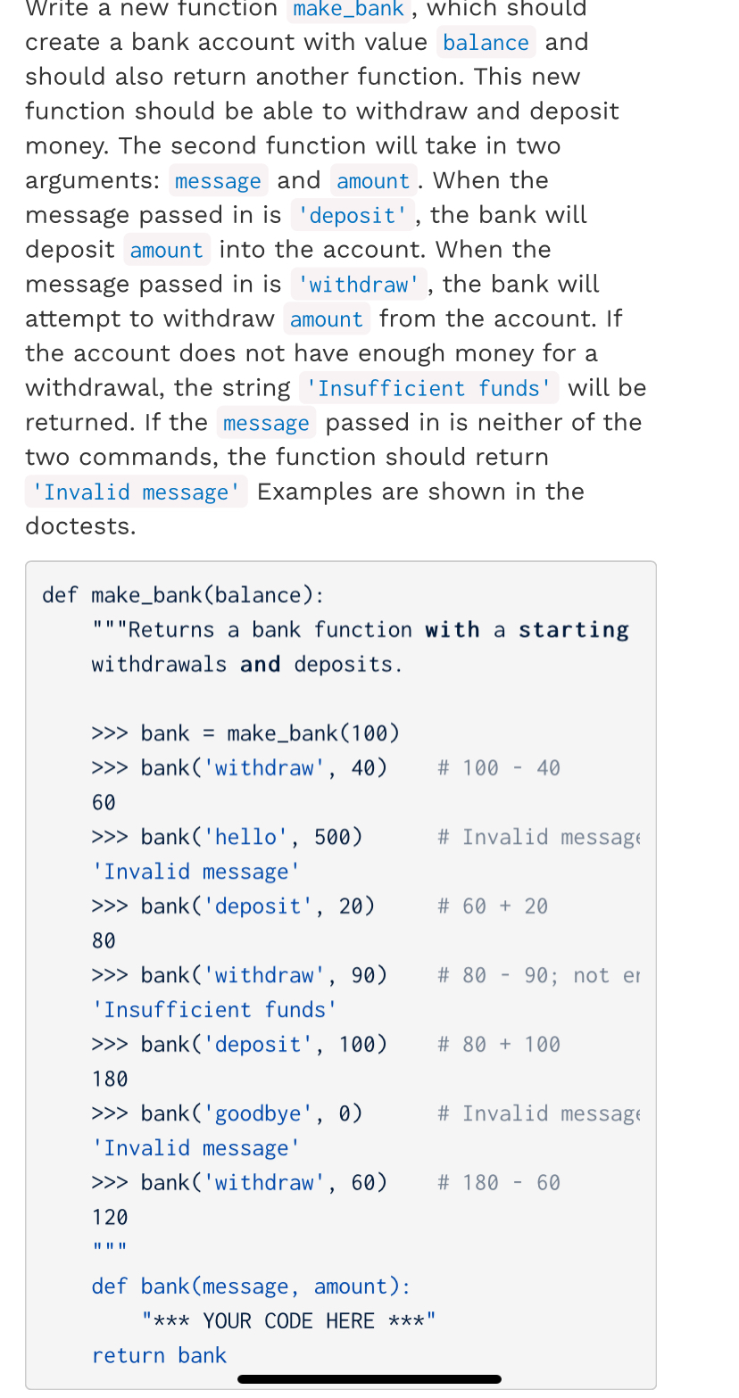 Solved Write a new function make_bank, which should create a | Chegg.com