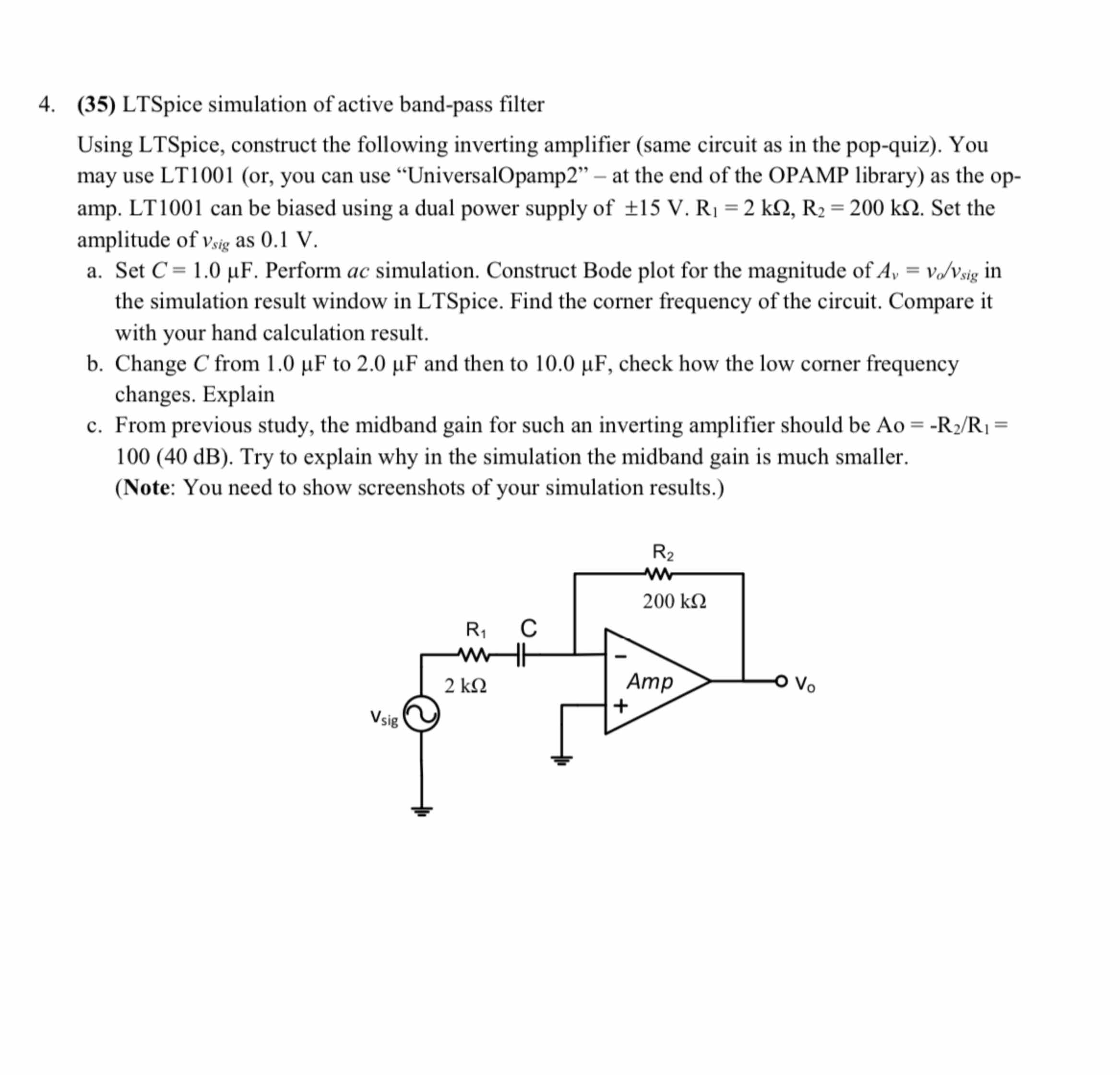 Solved (35) ﻿LTSpice simulation of active band-pass | Chegg.com