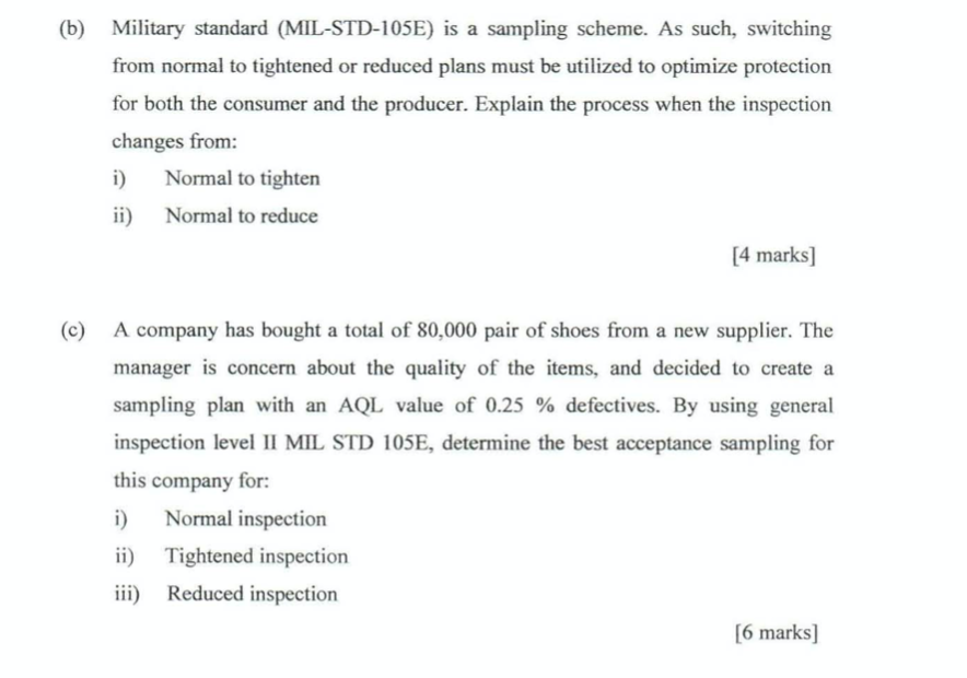 (b) Military standard (MIL-STD-105E) is a sampling | Chegg.com
