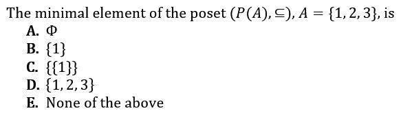 Solved = The minimal element of the poset (P(A), C), A = | Chegg.com