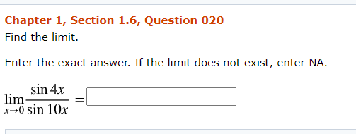Solved Chapter 1, Section 1.6, Question 020 Find the limit. | Chegg.com