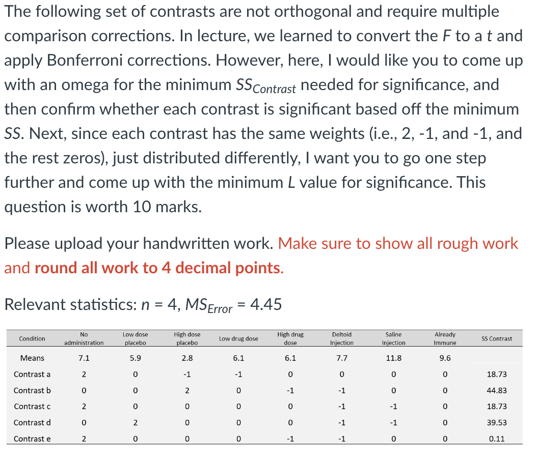 Solved The following set of contrasts are not orthogonal and | Chegg.com