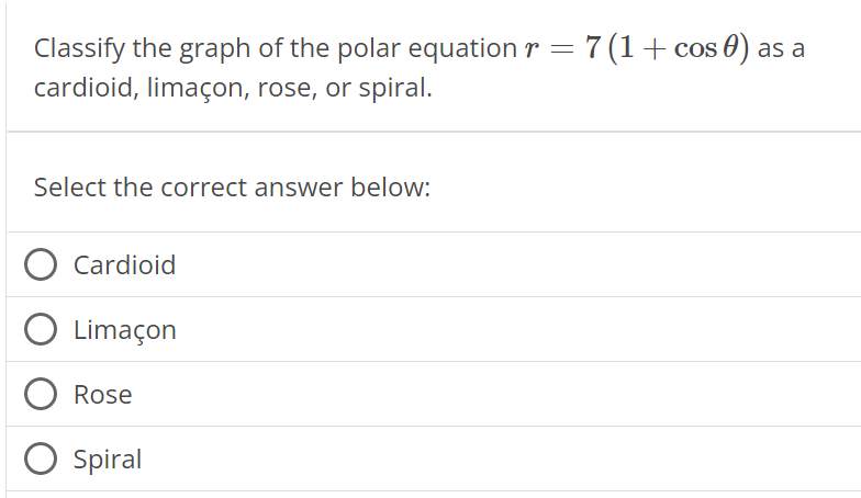 Solved Classify the graph of the polar equation r=7(1+cosθ) | Chegg.com