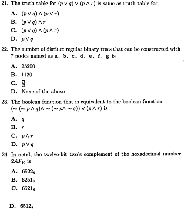 Solved 21. The truth table for (pVq) v (p ^ /') is same as | Chegg.com