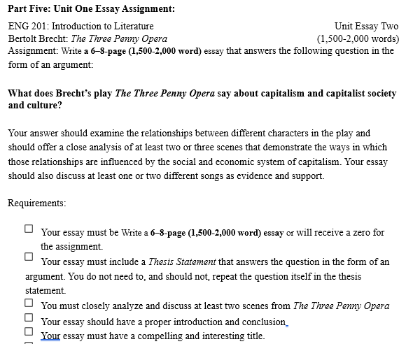 Part Five: Unit One Essay Assignment: ENG 201: | Chegg.com