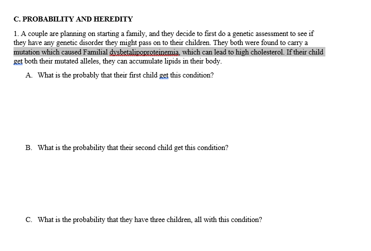 Solved C. PROBABILITY AND HEREDITY 1. A couple are planning | Chegg.com