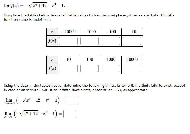 Solved Let f(x)=−x6+12−x3−1. Complete the tables below. | Chegg.com