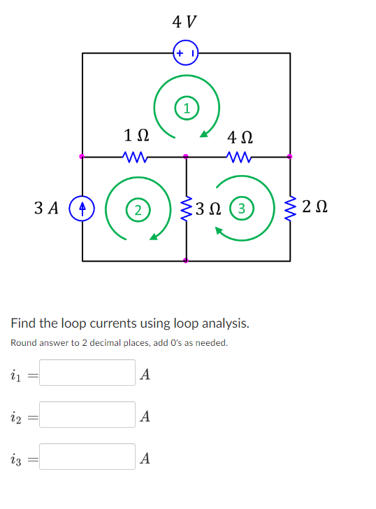 Solved Find the loop currents using loop analysis. Round | Chegg.com