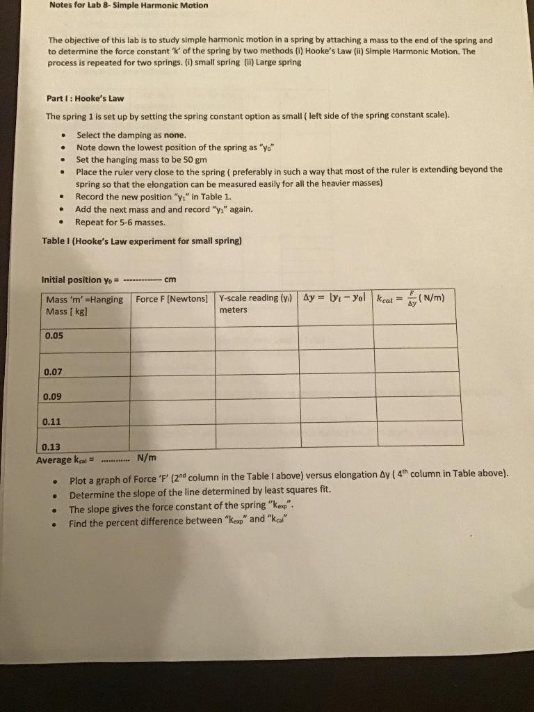 Notes for Lab 8- Simple Harmonic Motion The objective | Chegg.com