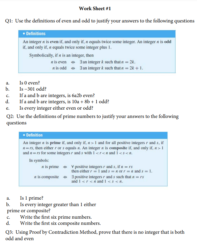 Solved Work Sheet #1 Q1: Use the definitions of even and odd | Chegg.com