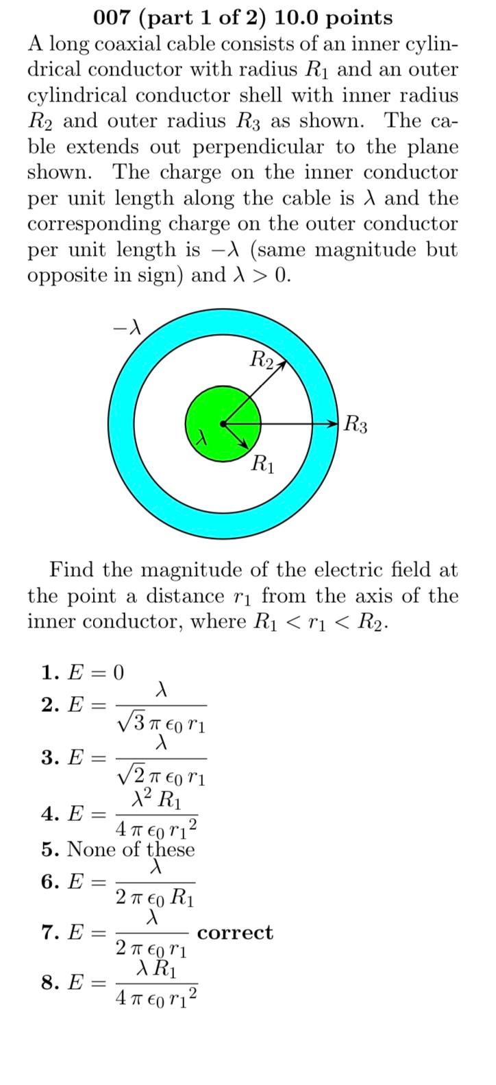 Solved 007 (part 1 of 2 ) 10.0 points A long coaxial cable | Chegg.com