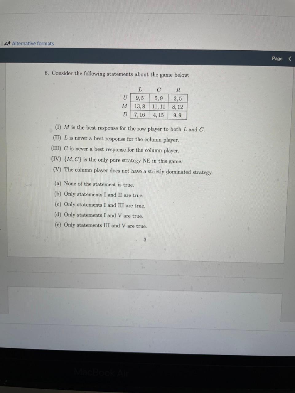 Solved 6. Consider the following statements about the game | Chegg.com