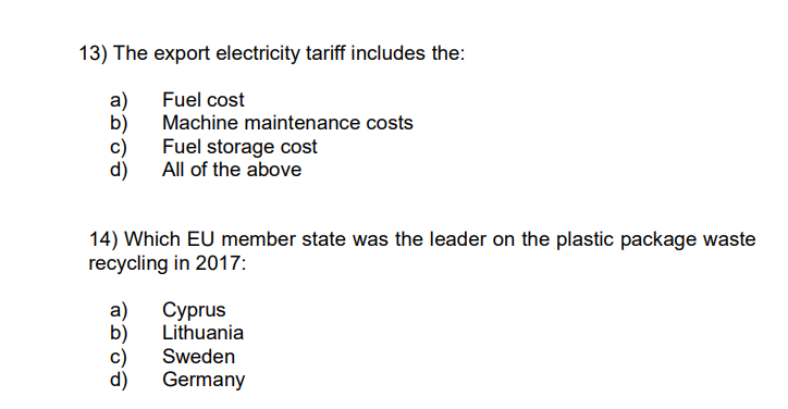 Solved 13) The export electricity tariff includes the: a) b) | Chegg.com