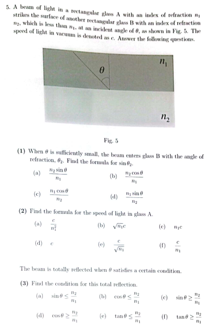 Solved 5. A beam of light in a rectangular glass A with an | Chegg.com