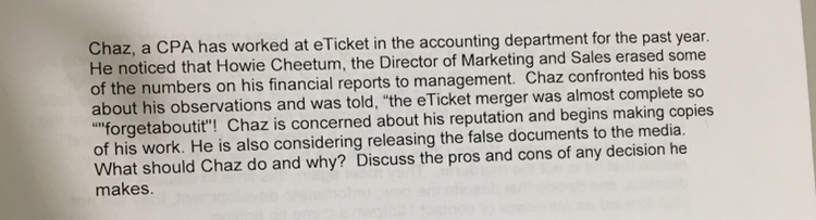 Chaz, a CPA has worked at e Ticket in the accounting | Chegg.com