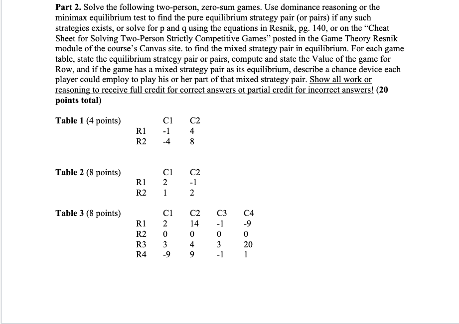 Part 2. Solve the following two-person, zero-sum | Chegg.com