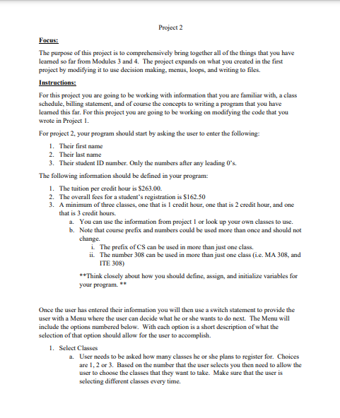 Solved Focus: The purpose of this project is to | Chegg.com