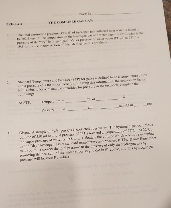Solved NAME: PRE-LAB THE COMBINED GAS LAW The total | Chegg.com