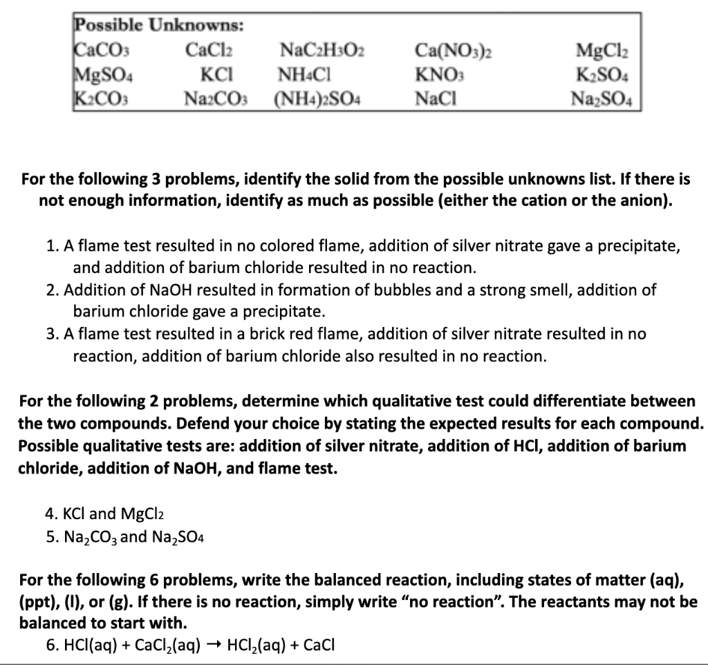 Solved Possible Unknowns: CaCO3 CaCl2 MgSO4 KCI K2CO3 Na2CO3 | Chegg.com