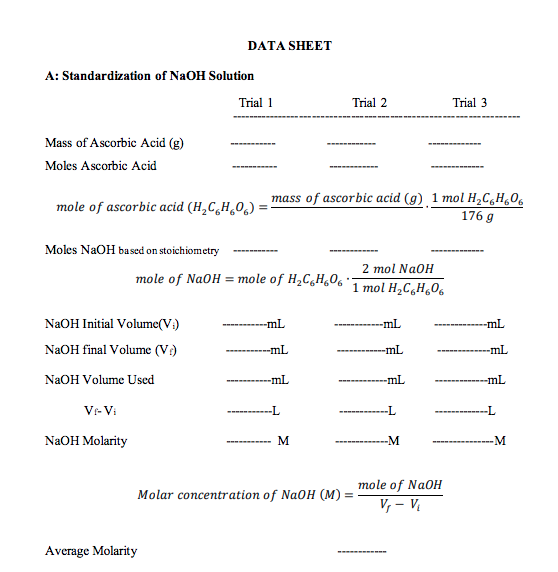 DATA SHEET A: Standardization of NaOH Solution N N | Chegg.com