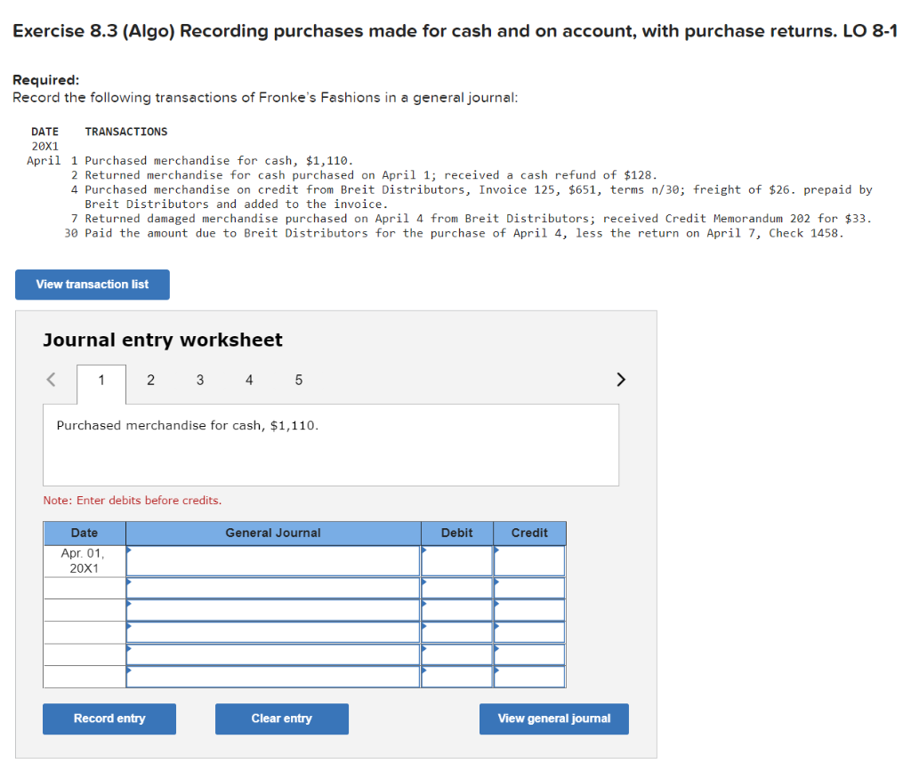 Solved Exercise 8.3 (Algo) Recording purchases made for cash | Chegg.com