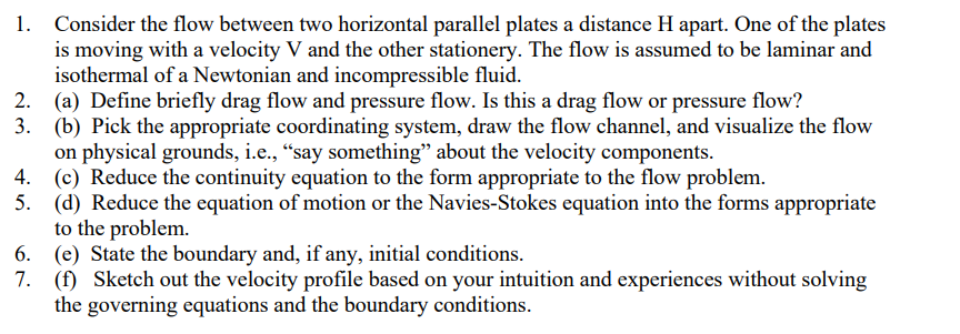 Solved 1. Consider the flow between two horizontal parallel | Chegg.com