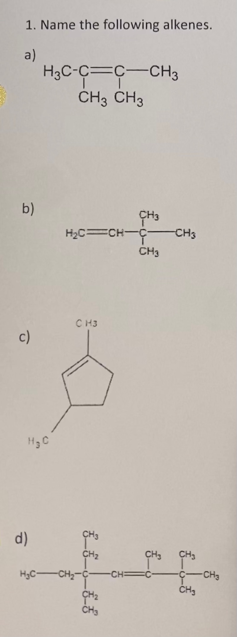 Solved Name the following alkenes. | Chegg.com
